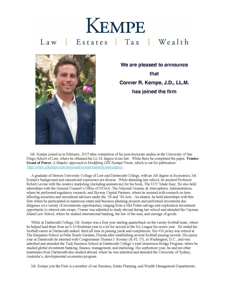 CONNER KEMPE JD. LLM. JOINS THE FIRM - Joseph C. Kempe